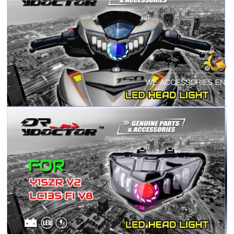 HEAD LAMP LED CUSTOM Y15ZR V2 / LC135 FI V8 PROJECTOR HEAD LIGHT Y15 / EXCITER 150 / LCV8 YAMAHA ...