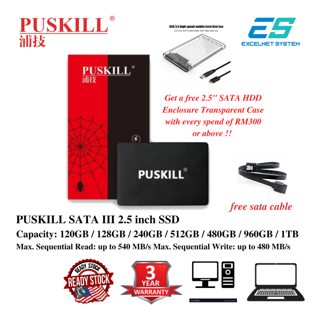 PUSKILL Solid State Drive SATA3 Hard Disk 128GB/256GB/512GB/1TB/2TB SSD ...
