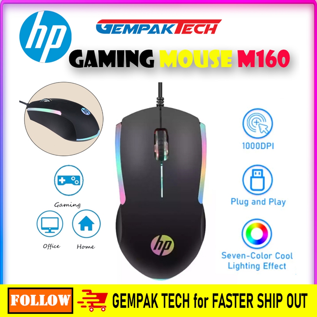 HP Gaming Mouse M160 1000 DPI RGB Lighting Effect 3 Button 3D Ergonomic Wired USB Gaming Mouse ...