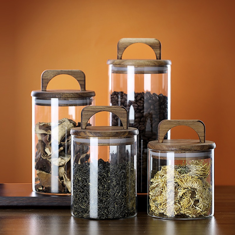 Wooden lid Glass airtight jars Transparent borosilicate glass with ...