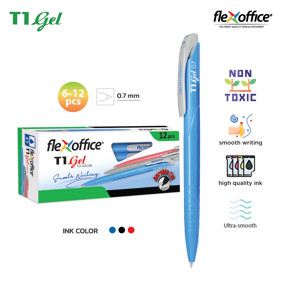 FlexOffice T1 Gel Gel Pen 0.7 Fine Point- Black/Blue/Red (Box of 12) FO ...