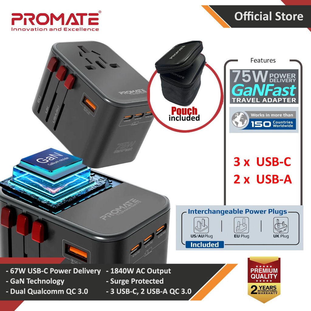 Promate 75W Power Delivery GaN Fast Universal Travel Adapter Charger ...
