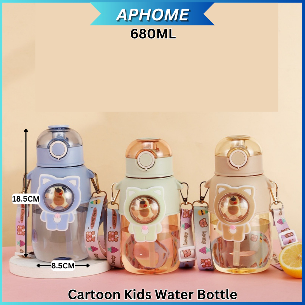 680ML Kids Water Bottle Cute Cartoon Drinking Bottle with Straw and Strap BPA Free Botol Air ...
