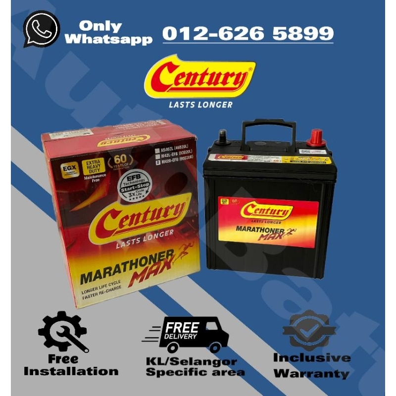 [ Installation Provided ] M42L /R | 60B20L | EFB ] Century Marathoner MAX Car Battery Bezza ...
