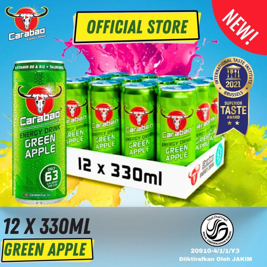 Carabao Energy Drink Sparkling - Green Apple 330ML x 12 | Low Calories ...