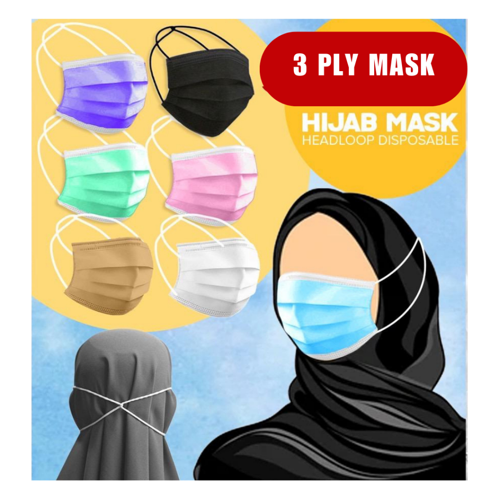 3Ply Face Mask Colourful 3 Ply Disposable Headloop Hijab Face Mask ...