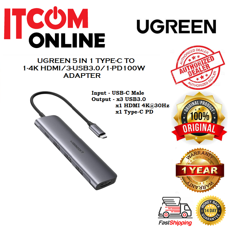 UGREEN 5 IN 1 TYPE-C TO 1-4K HDMI/3-USB3.0/1-PD100W ADAPTER (UG-15596 ...