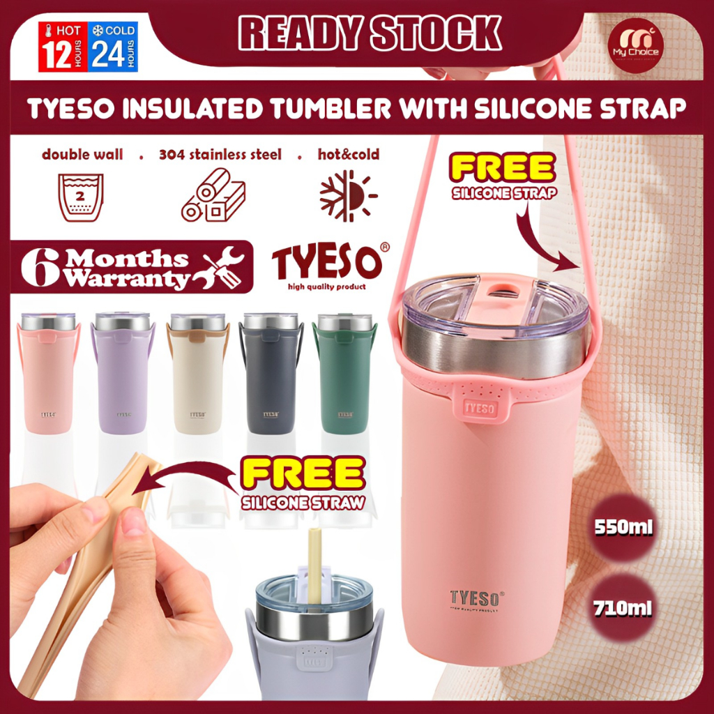 Tyeso Insulated Tumbler 550ml/710ml With Silicone Strap And Straw Thermal Flask Thermos Water ...