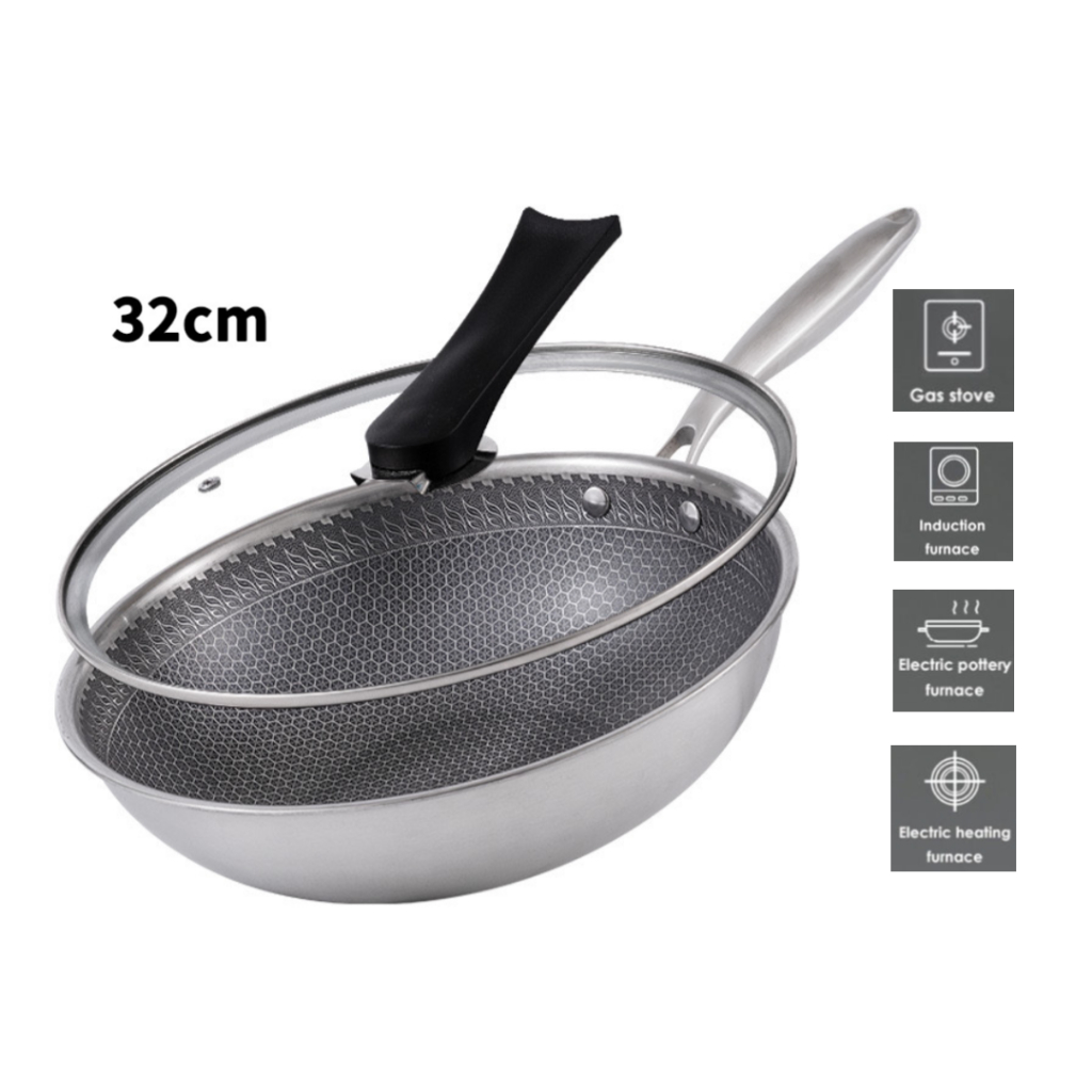 Honey Comb Cooking 32cm Nonstick Frying Wok Pan Pot Non-stick Stainless Steel Kuali Double Full ...