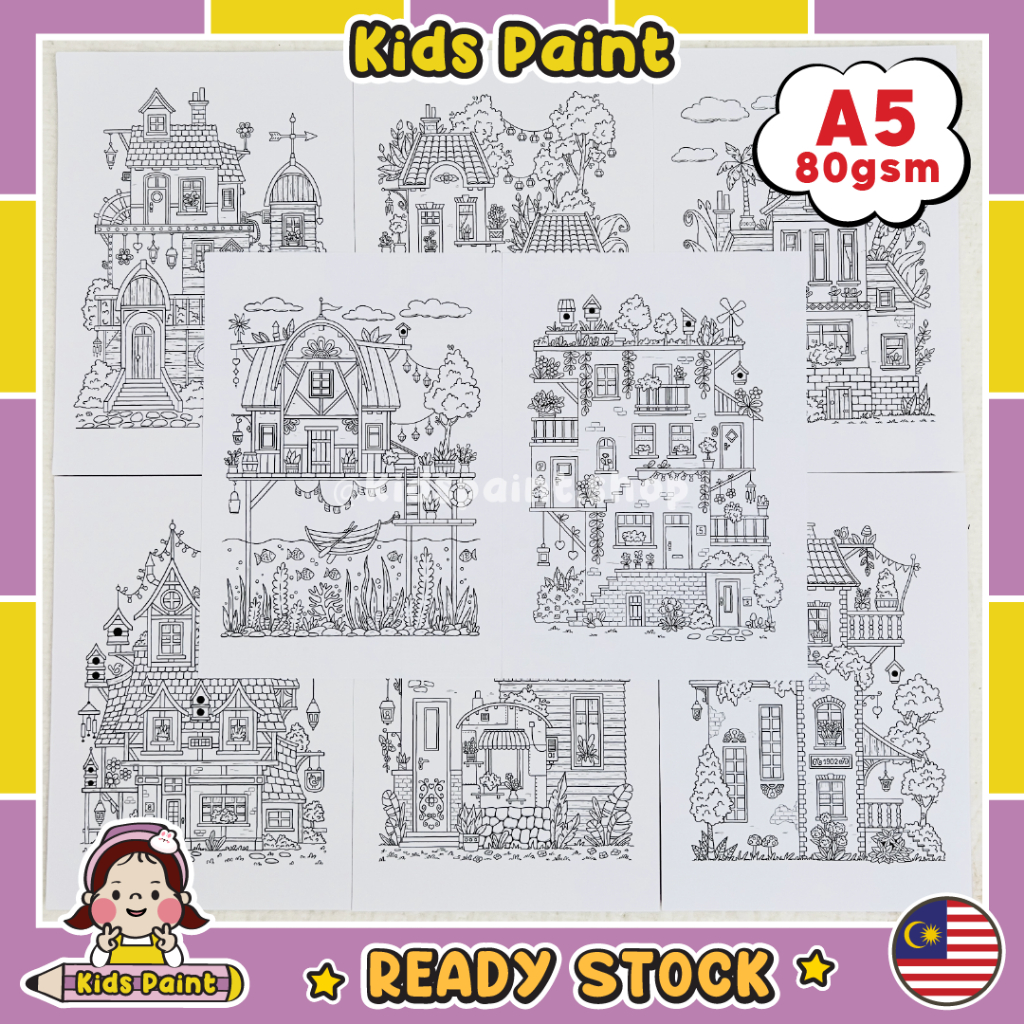 [KidsPaint] Pattern House 8 Sheets Kids Coloring Paper (A5 Print Out ...