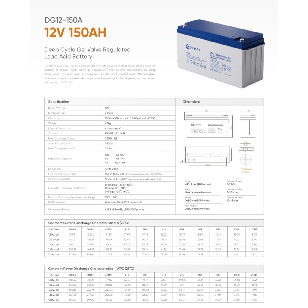 Deep Cycle Gel Valve Regulated Lead Acid Solar Battery - DG12-150 (12V ...