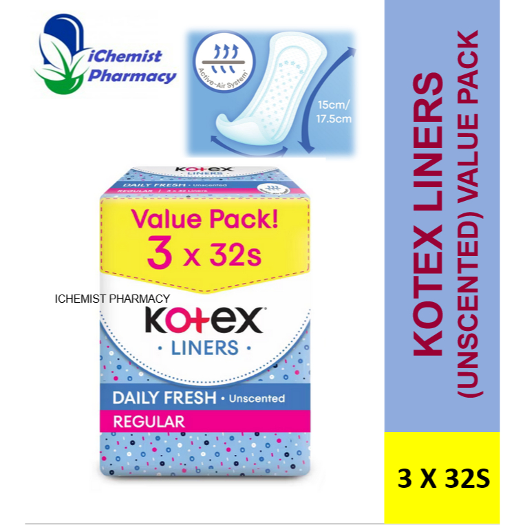 [VALUE PACK] KOTEX LINERS REGULAR UNSCENTED 3 X 32S (3 PACKS OF 32 ...