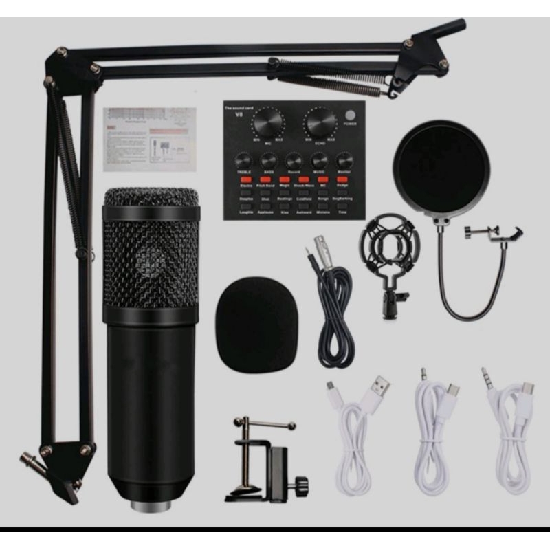MIC Condenser Full Set + V8 sound Card Record Usb Bluetooth ...