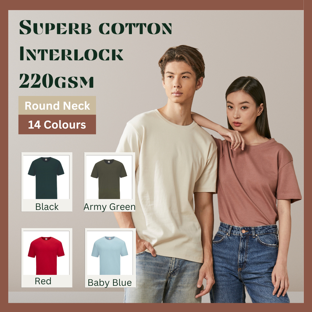 LeFonse Unisex 220gsm Supreme Cotton Interlock Round Neck TShirt Baju ...