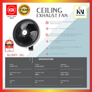 KDK Industrial Wall Fan Ku50Y / Ku50Y-DG - Pull Cord, White / Dark Grey ...