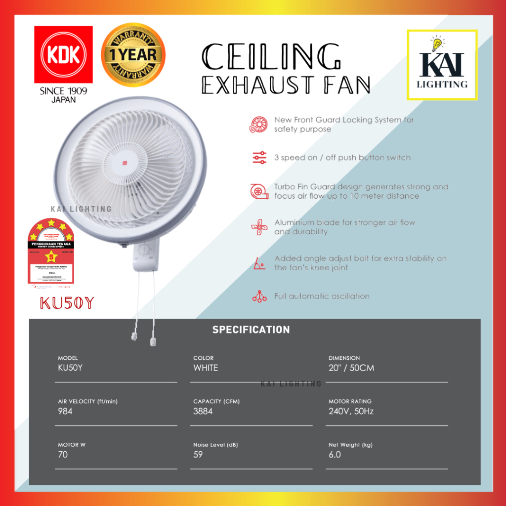 KDK Industrial Wall Fan Ku50Y / Ku50Y-DG - Pull Cord, White / Dark Grey ...