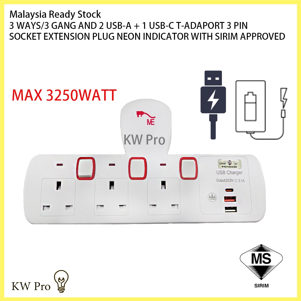 3 Ways 3 Gang And 2 Usb A 1 Usb C T Adaport 3 Pin Socket Extension Plug Neon Indicator With