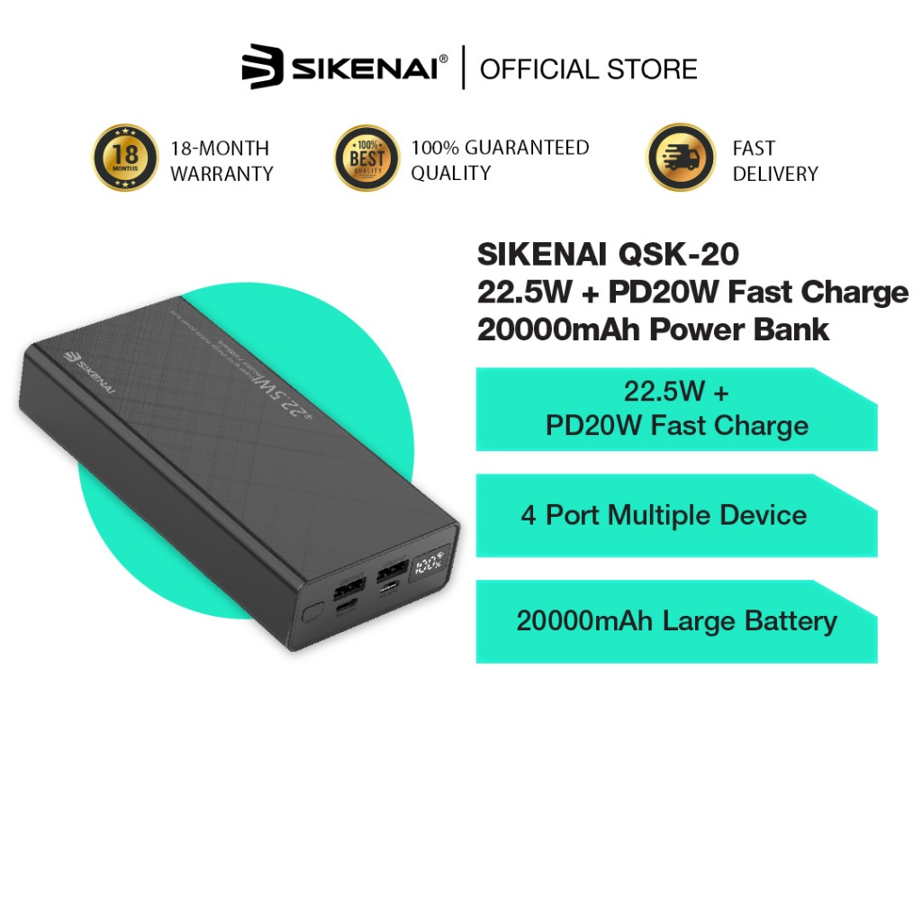 SIKENAI QSK-20 22.5W + PD20W 20000mAh Fast Charging 4-Port Powerbank ...
