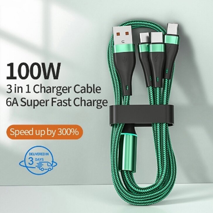 3 in 1 Fast Charging Cable 100w 6A Quick Charge USB Data Cable For ...