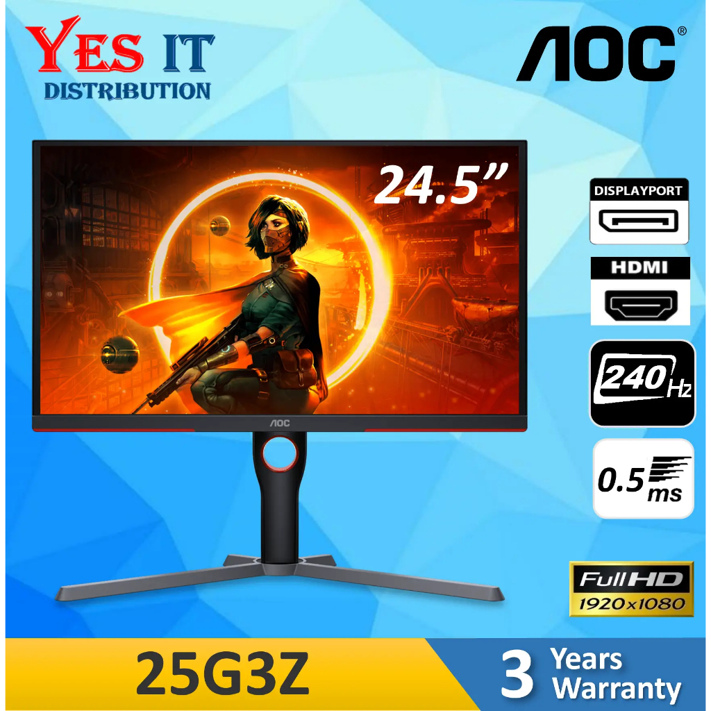 AOC 25G3Z (IPS / 0.5ms) / 25G3ZM (VA / 1ms) 24.5" Full HD (1920x1080) 240HZ Gaming Monitor (HDMI ...