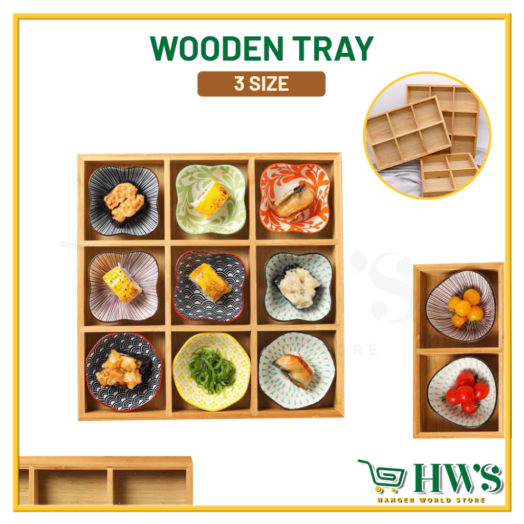 HWS 3/6/9 Grid Steamboat Tray Bamboo Compartment Food Plate Hotpot Wood ...