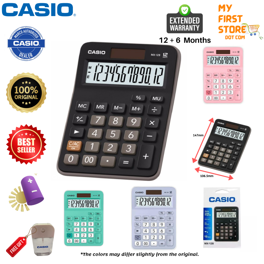 Genuine Casio MX-12B Black Light Blue Pink Green Value Series Mini Desk Type Calculator for Work ...