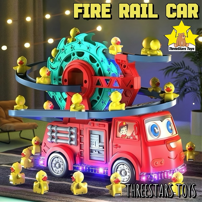 Fire Rail Car With Duck Climbing Stairs Track Toy With Music & Light ...
