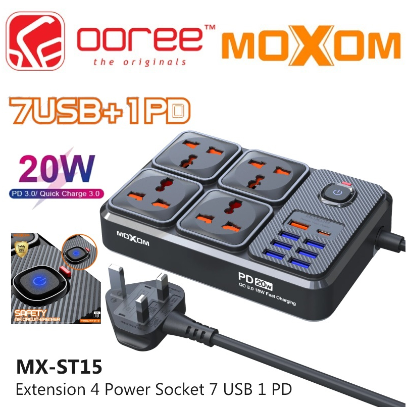 MOXOM MX-ST15 EXTENSION 4 POWER SOCKET + 7 USB + 1PD 20W USB C QC 18W ...