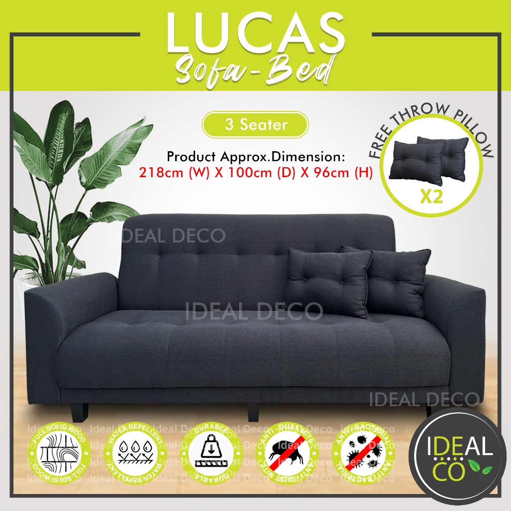 (Free Delivery) Lucas Sofa Bed : Water Repellent Fabric Full Foldable Solid Wood Sofas (3 Seater ...