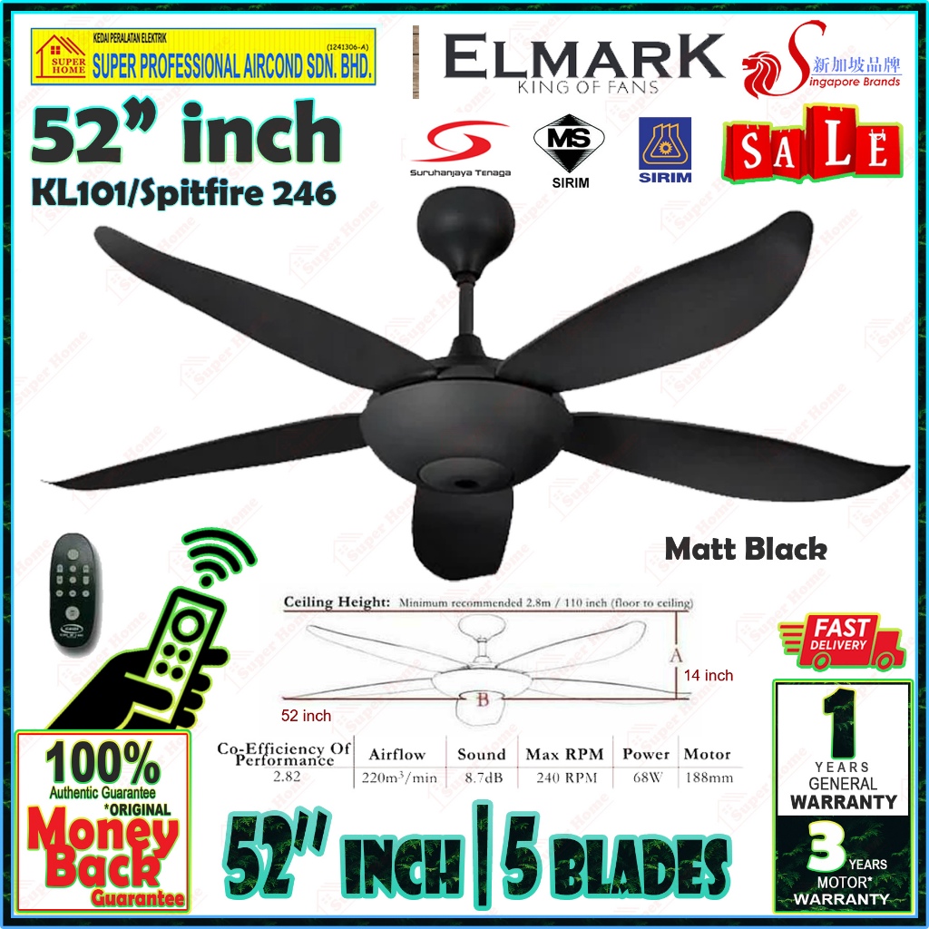 Elmark Ceiling Fan KL101 / SPITFIRE 246 52 inch Ceiling Fan with Remote ...