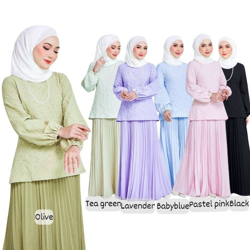 BAJU RAYA 2024 KURUNG MODEN PLEATED SKIRT SET BALLOON PUFF SLEEVE OLIVE ...