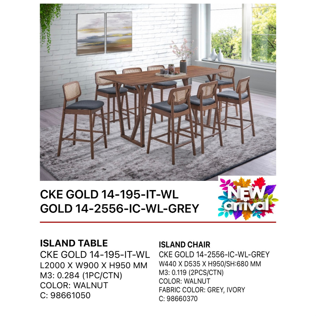 CKE GOLD 14-195 WL Solid Wood 8 Chairs & 6.7ft x 3ft Rectangle ISLAND ...