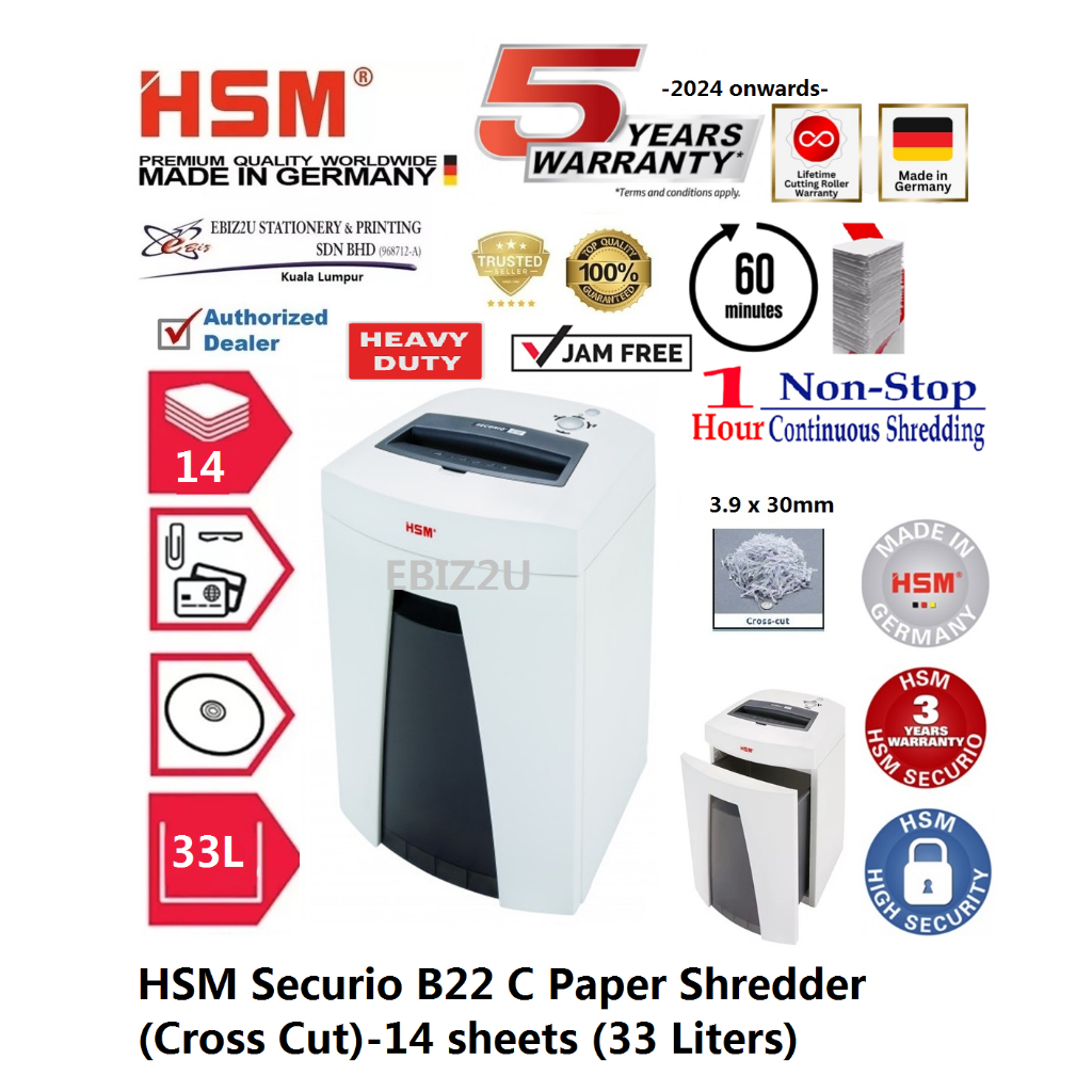 HSM Securio B22 C Paper Shredder (Cross Cut) 3.9 x 30 mm -14 sheets (33 ...