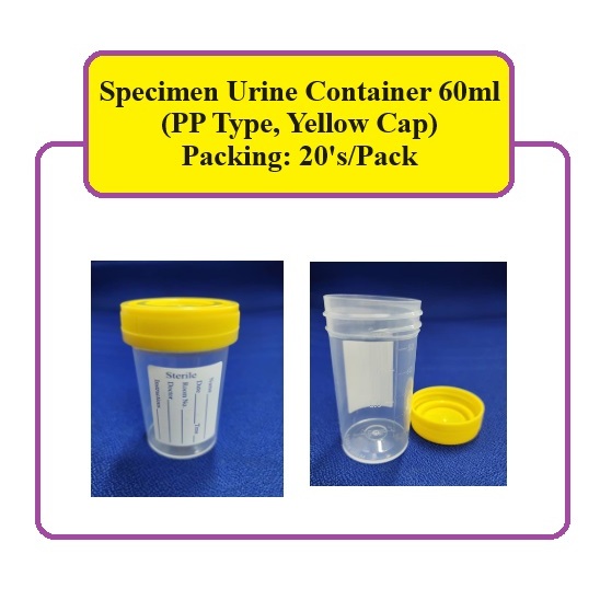 Specimen Urine Container 60ml ( PP Type) Yellow Cap ,Packing : 20's ...