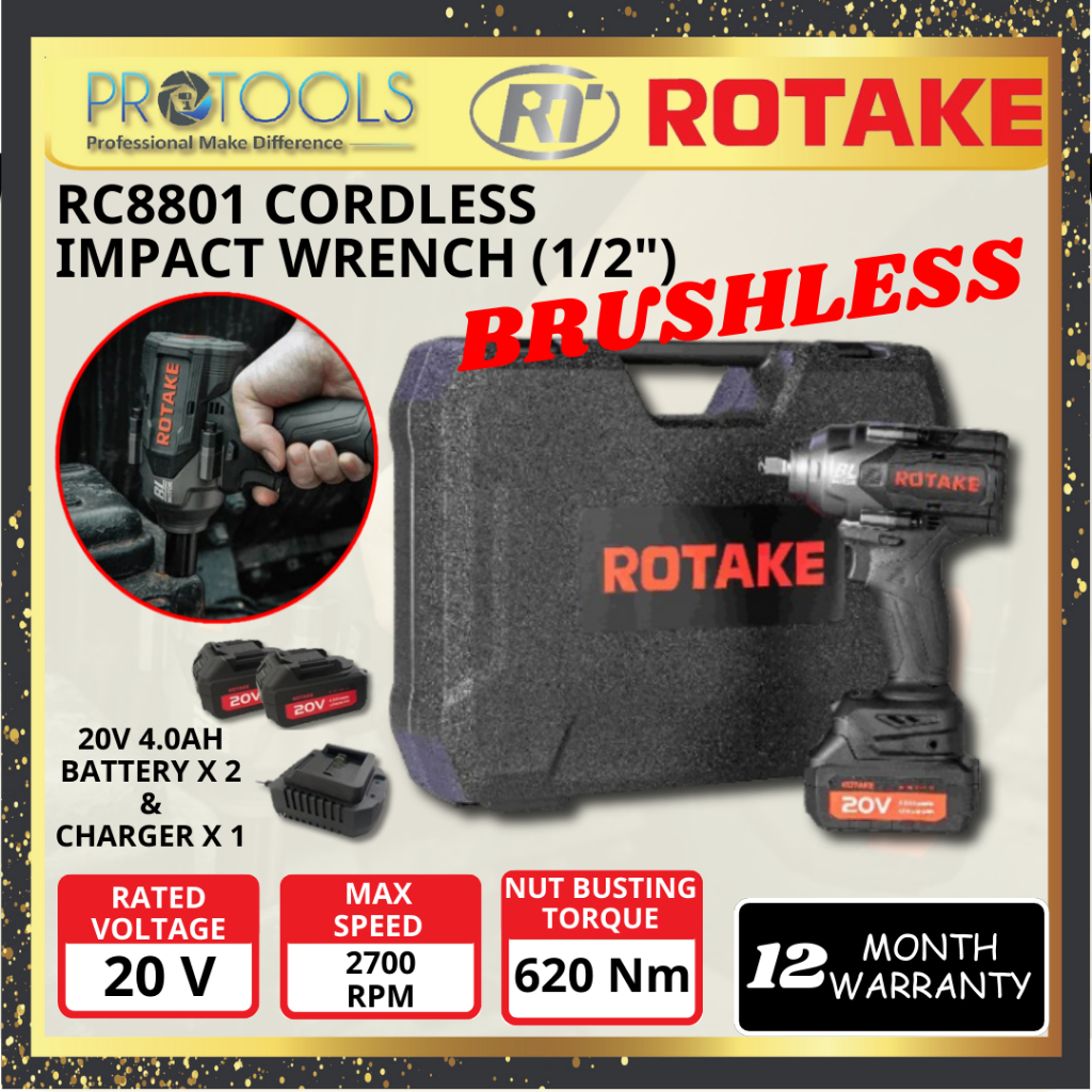 ROTAKE 20V RC8803 / RC8801 BRUSHLESS CORDLESS IMPACT WRENCH 1/2" C/W 2 ...