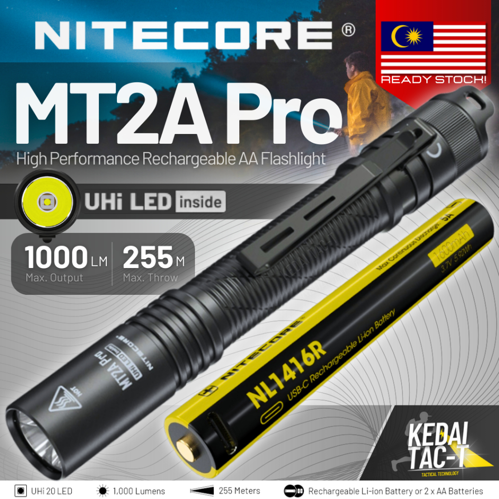 NITECORE MT2A Pro - 1000L LED EDC Rechargeable Flashlight 2x AA - ORIGINAL - Ready Stock in ...