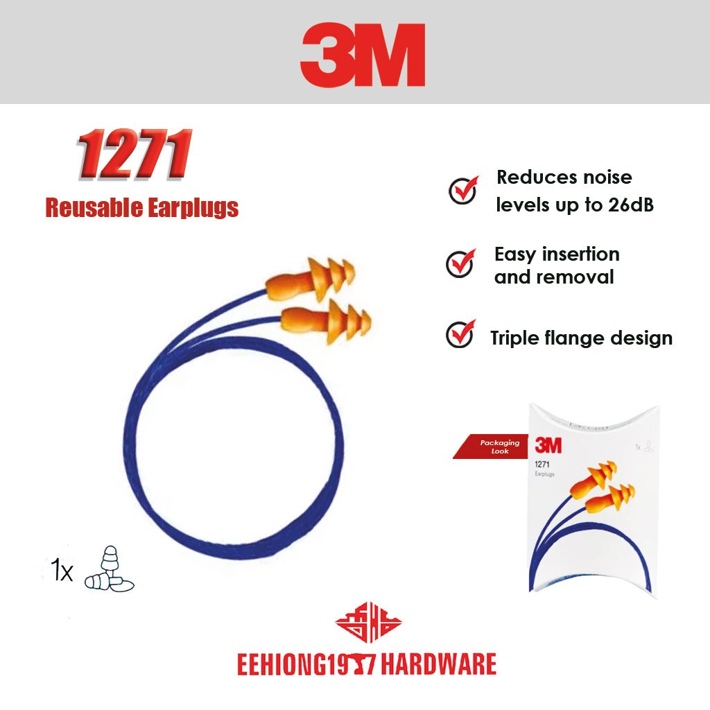 3M 1271 Reusable Corded Earplugs 26db made from soft and durable ...