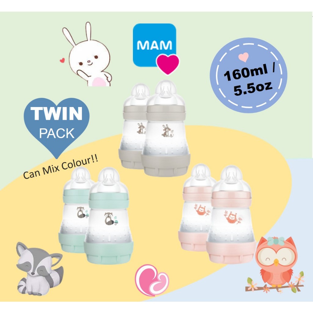 MAM 5.5oz / 160ml TWIN PACK Anti Colic Baby Feeding Bottle (Blue/ Pink/ Grey) Botol Susu Bayi ...