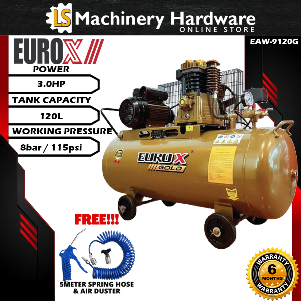 EuroX EAW-9120G Gold 3HP 120L Heavy Duty Belt-Drive Air Compressor with ITALY Piston - 6 Months ...