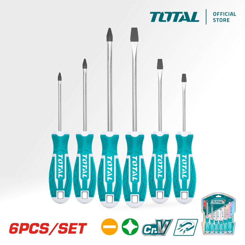 TOTAL Screwdriver Set Slotted/Flat SL5.5 + SL5.5 + SL6.5 (3 Pcs) + Phillips PH1 + PH1 + PH2 (3 ...