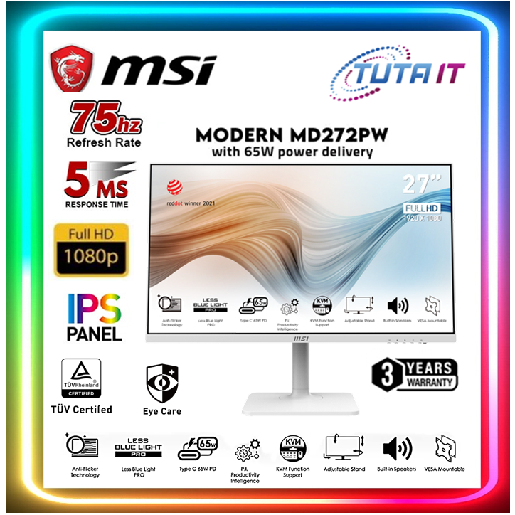 MSI Modern MD272PW 27" FHD 75Hz Flat Monitor with Bulit-In Speaker (HDMI, DisplayPort, Type-C ...