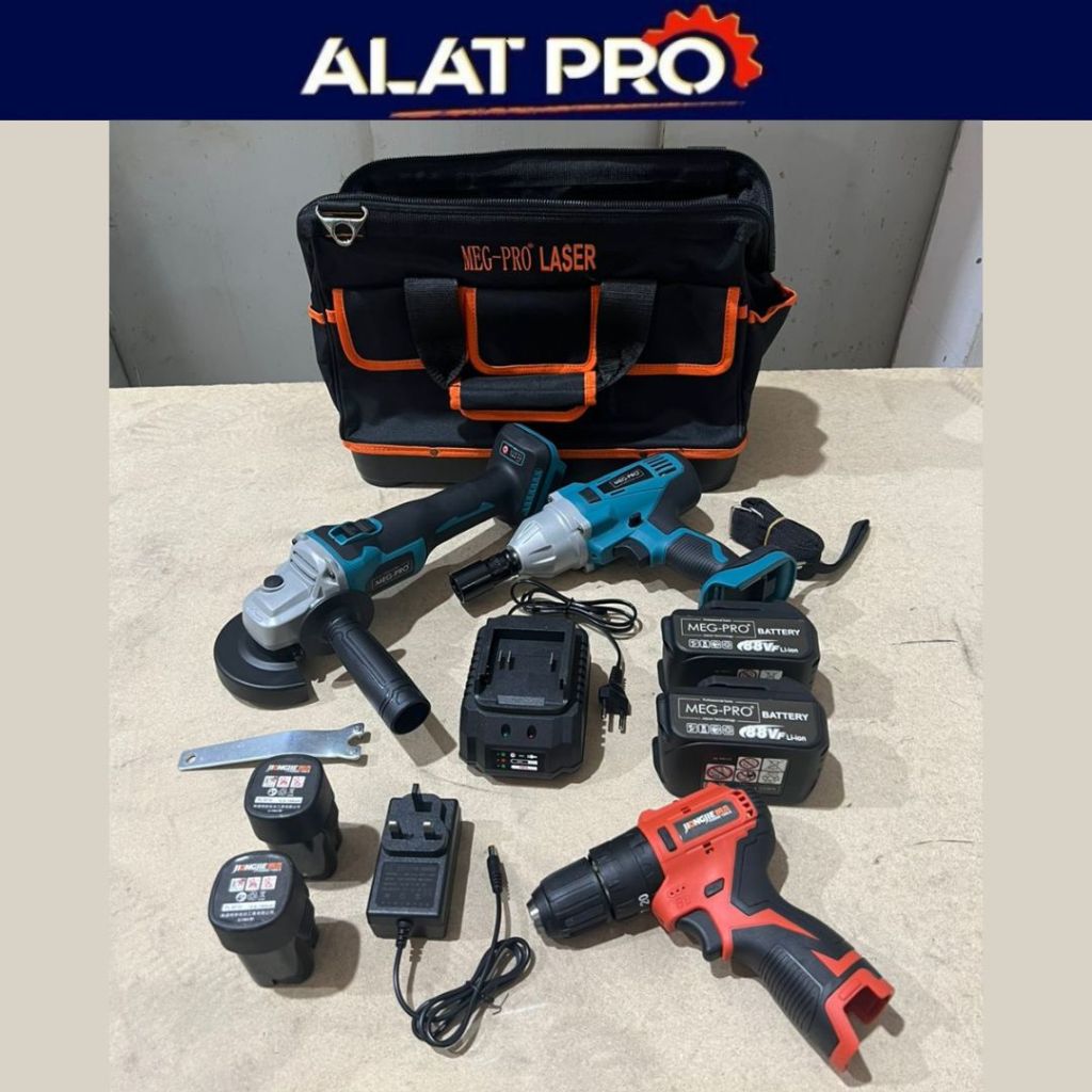 Meg Pro & JiongJie 3in1 Tool Set (Cordless Drill, Impact Wrench, Angle ...