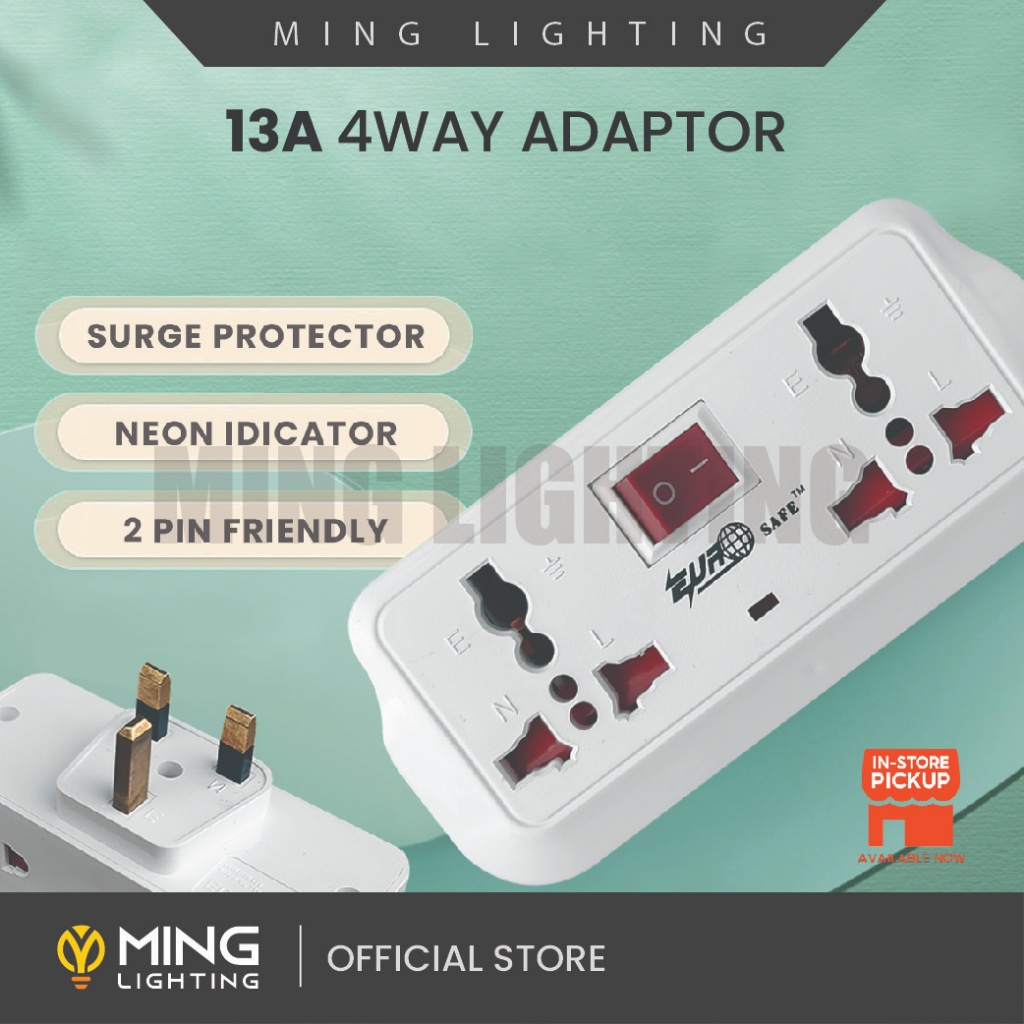 UK 3 Pin 4 Way Multi Adapter 13A Plug Universal Adaptor Neon Light ...