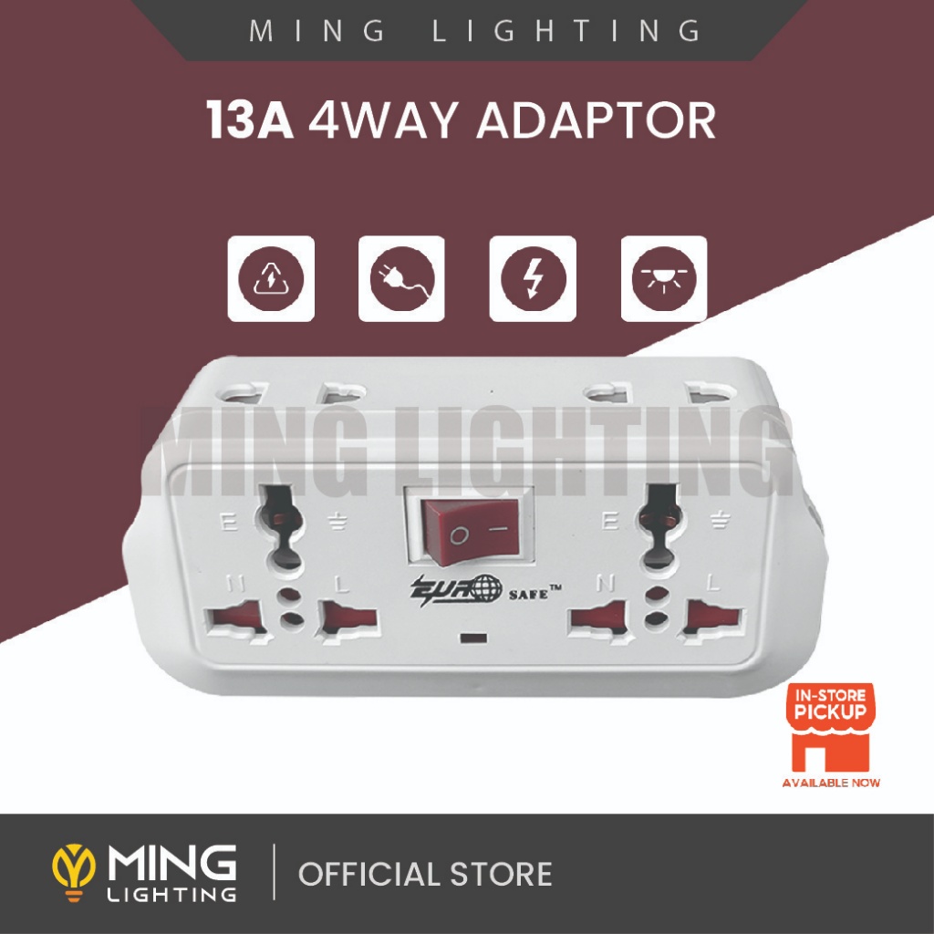 4 Way Multi Adapter 13A UK 3 Pin Plug Universal Adaptor Neon Light ...
