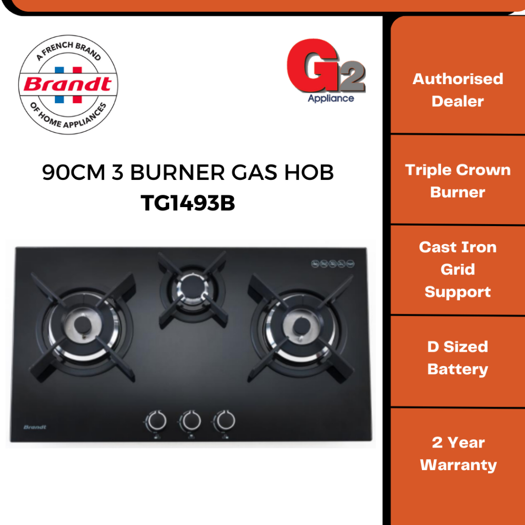 BRANDT [NEW MODEL] 90CM BUILT IN 3 BURNER GAS HOB TG1493B - BRANDT ...