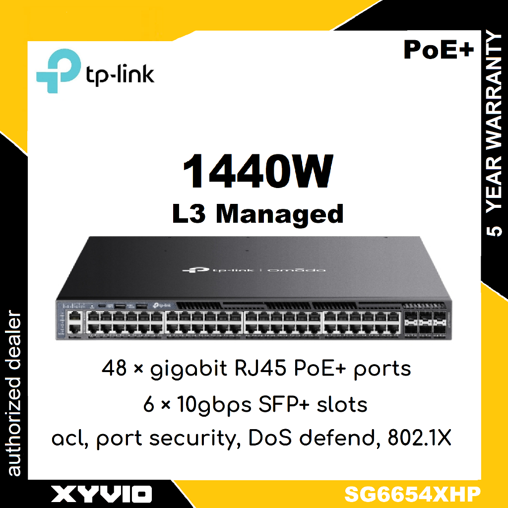 TP-LINK SG6654XHP Omada 48-Port Gigabit Stackable L3 Managed PoE+ Switch with 6 10G Slots ...