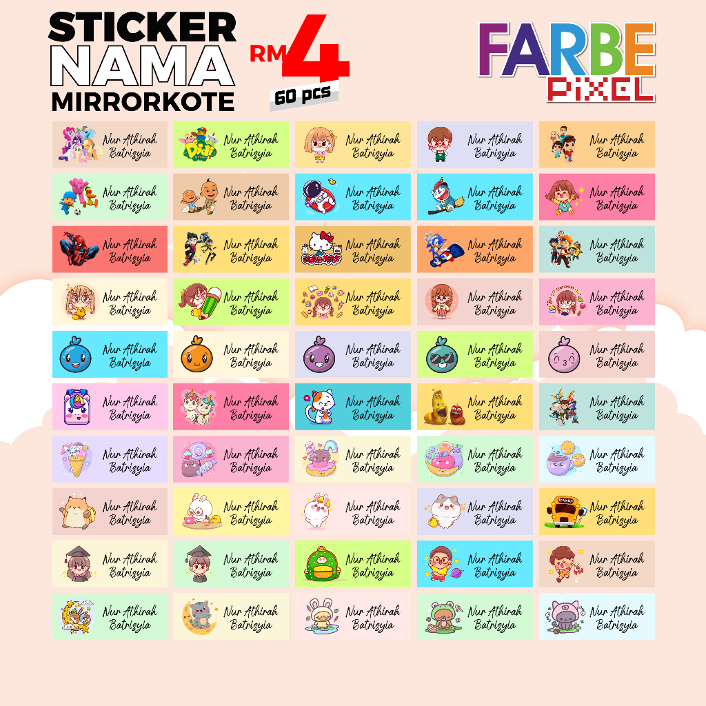 [60 pcs] STICKER NAMA DESIGN KARTUN / CARTOON STICKER UNTUK LABEL ...