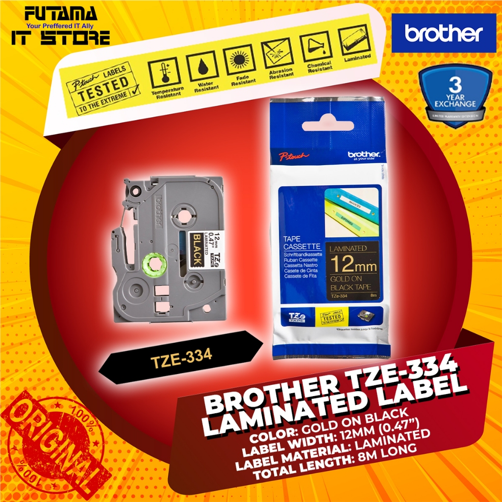 Brother Original TZe-334 12mm Gold on Black Laminated Label (Genuine ...