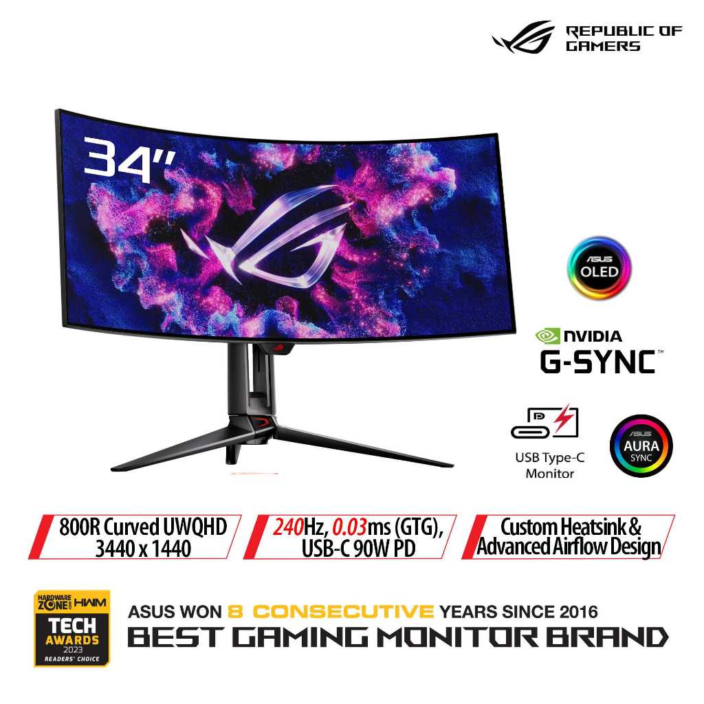 ASUS ROG Swift OLED PG34WCDM gaming monitor ― 34" (33.9" viewable, 3440x1440) 800R curved panel ...