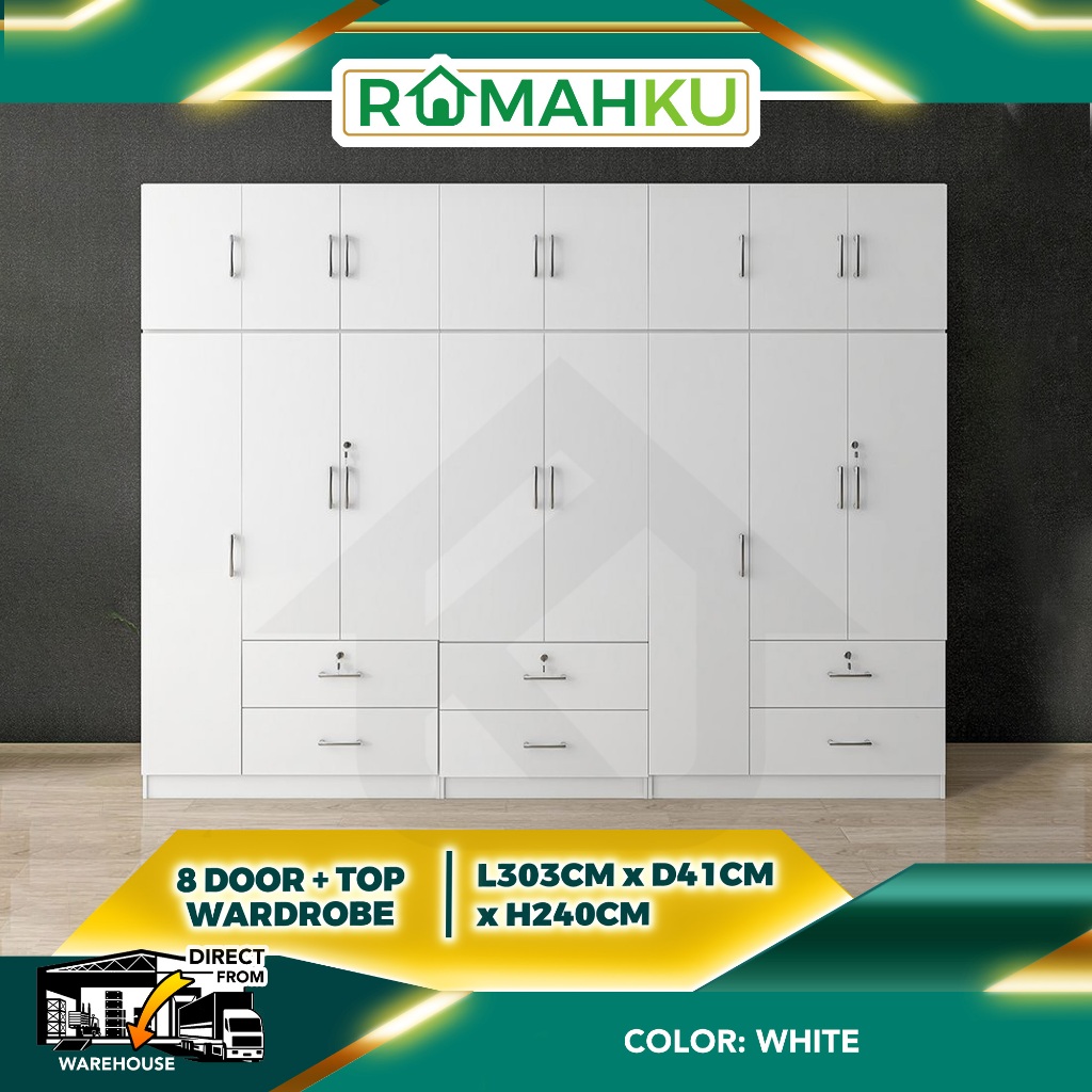 🔥 FREE SHIPPING 🔥GIANT 10X8FT 8 DOOR WARDROBE WITH TOP SHELF / DRAWERS ...